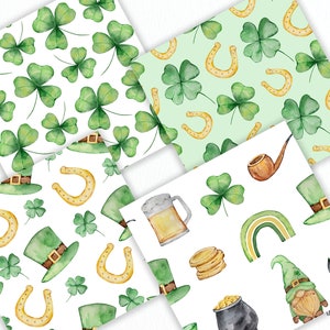 St Patricks Day Digital Papers | Watercolor Green Gnome Seamless ...