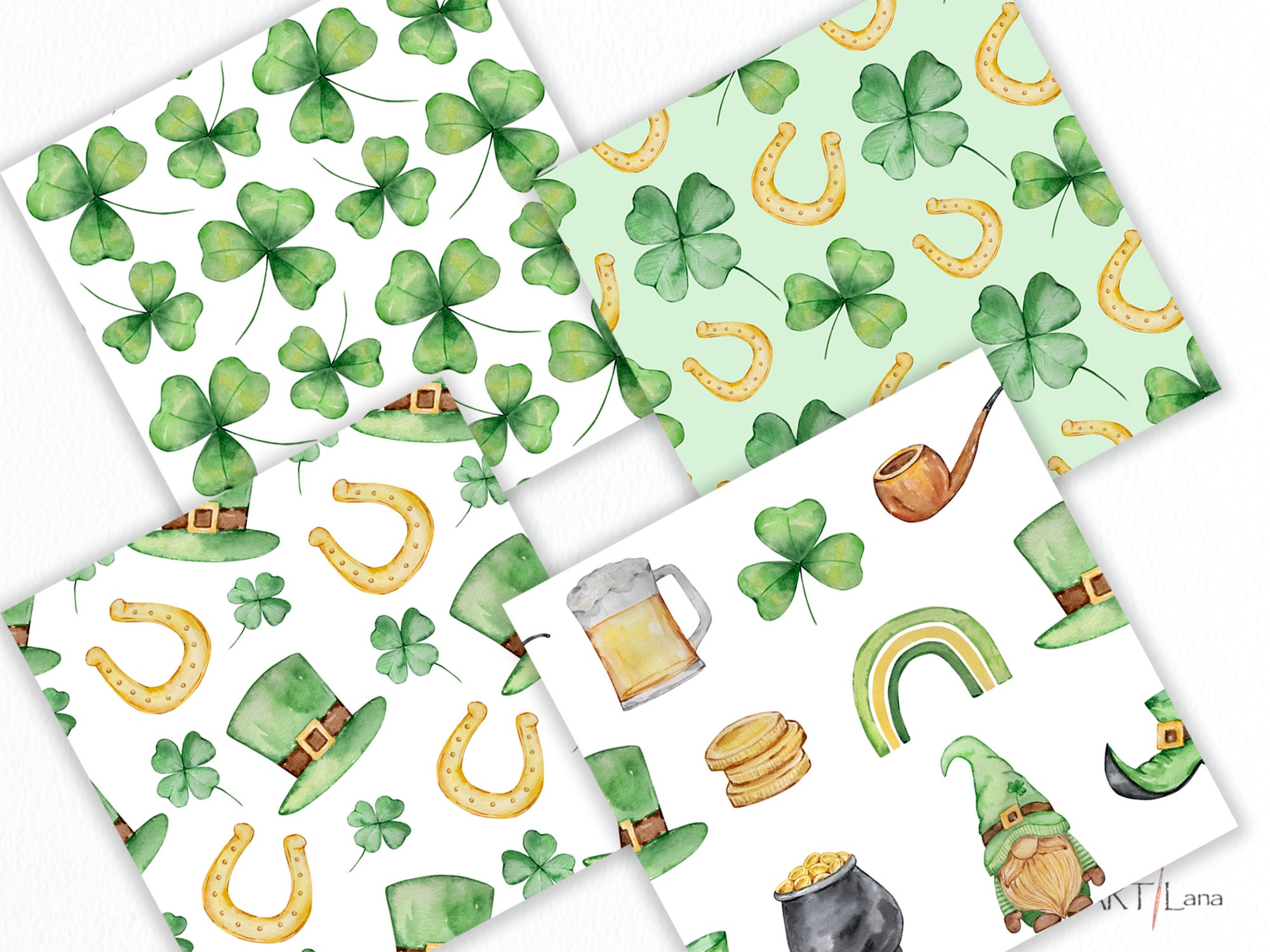 St Patricks Day Digital Papers | Watercolor Green Gnome Seamless ...