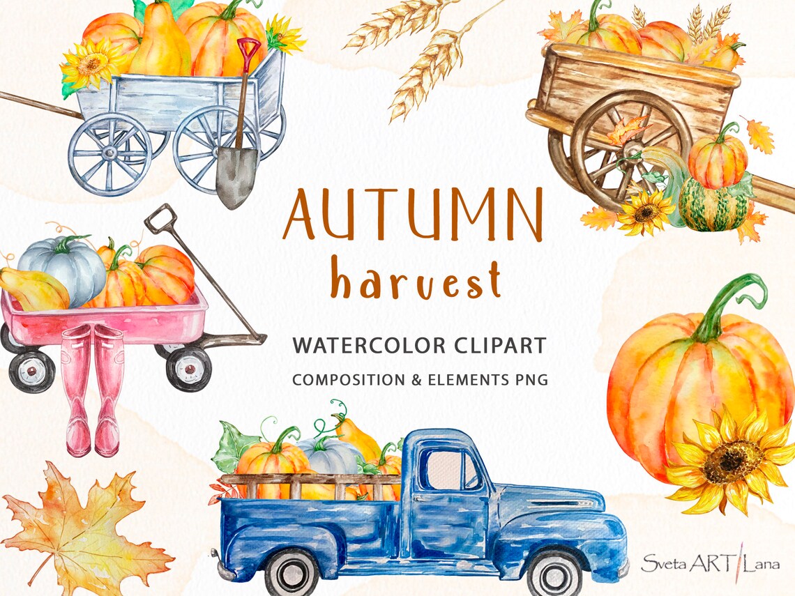Watercolor Harvest Truck Pumpkins Clipart Wooden Cart - Etsy