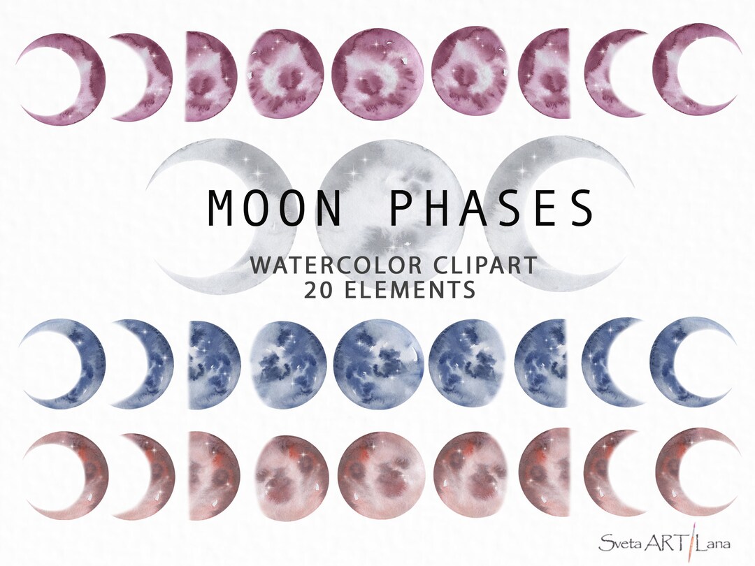 Watercolor Moon Phases Clipart | Lunar Set | Watercolor Galaxy Planet ...