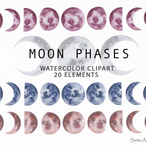 Watercolor Moon Phases Clipart. Lunare Graphic Set - Etsy