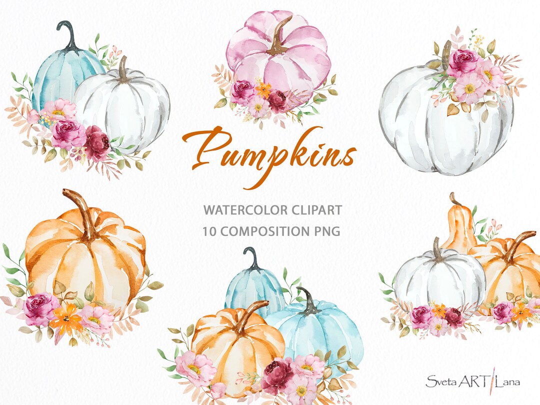 Watercolor Pumpkin Clipart | Autumn Pastel Pumpkins | Floral Pumpkin ...