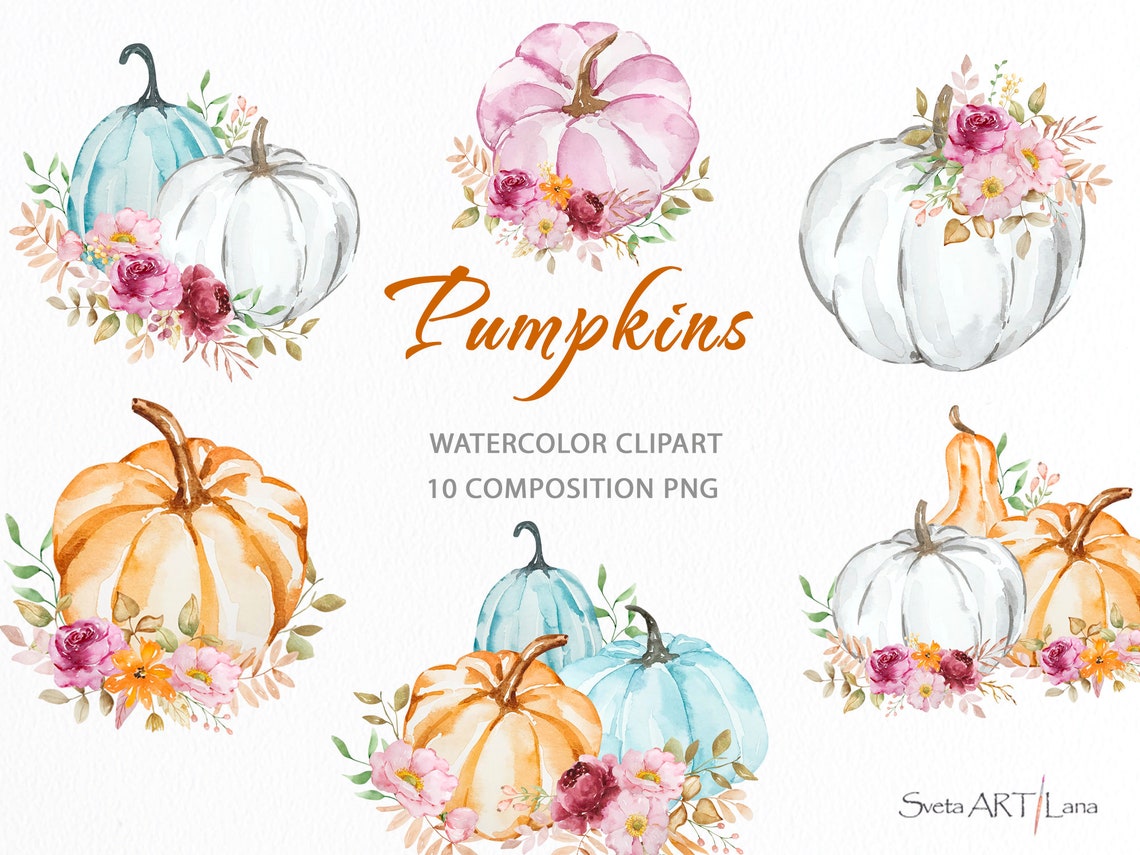 Watercolor Pumpkin Clipart Autumn Pastel Pumpkins Floral - Etsy