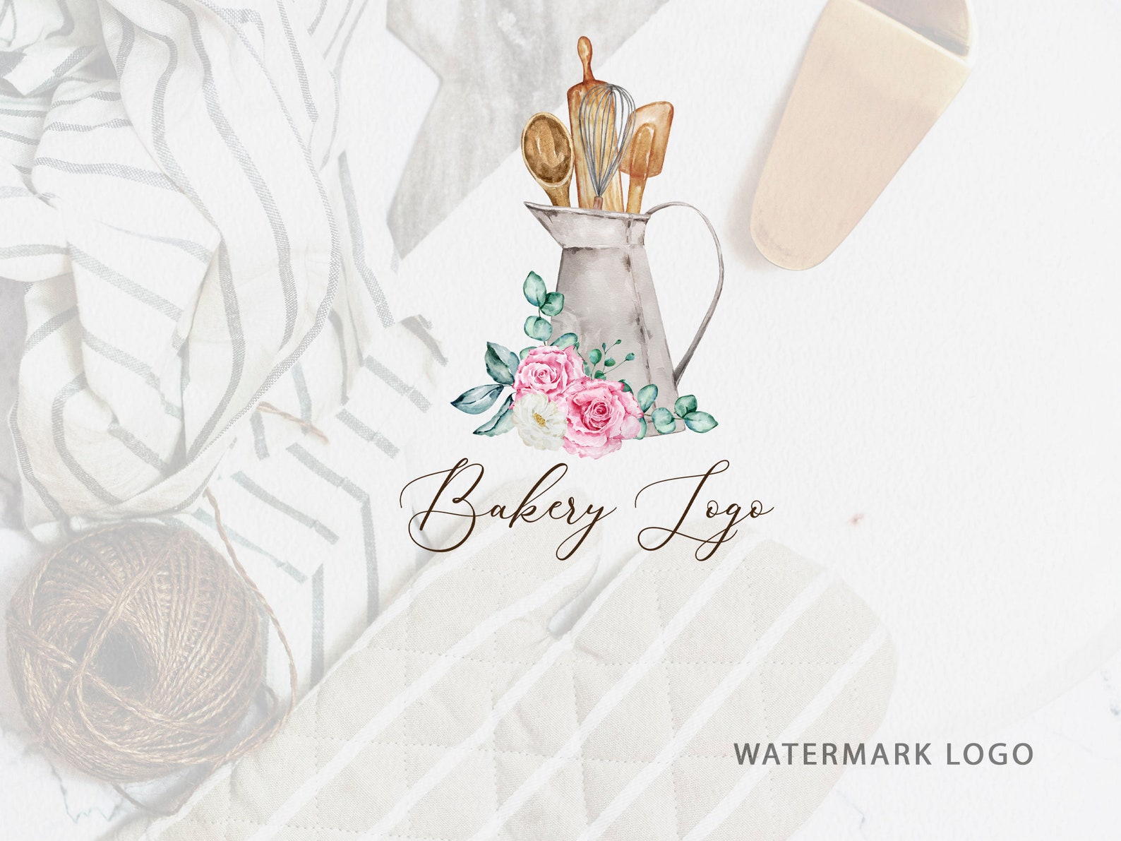 Bakery Catering Floral Roller Whisk Logo Watercolor Bake Logo Premade ...