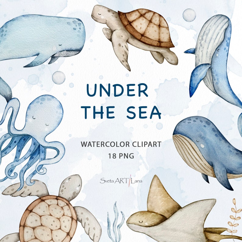Under the Sea Clipart | Watercolor Sea Animals | Whale Turtle Octopus ...