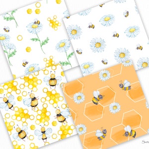 Watercolor Honey Bee Digital Paper Bumble Bee Seamless Pattern ...