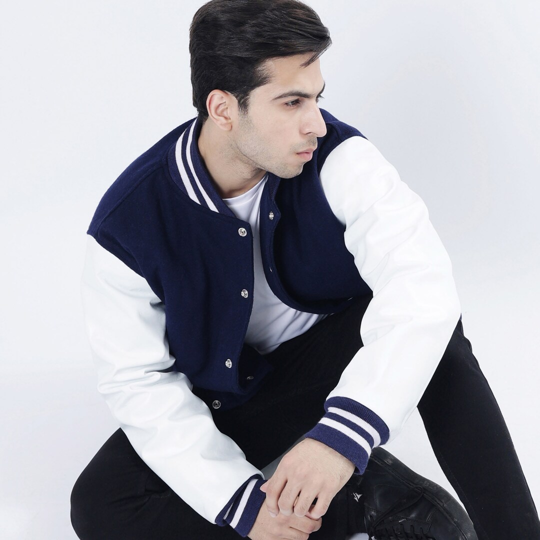 Men's Navy Blue Letterman Jacket Leather Arms and Wool Body Varsity ...