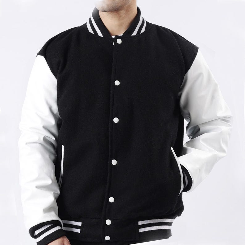 Men's Black and White Letterman Jacket Wool Body Leather Sleeves - Etsy