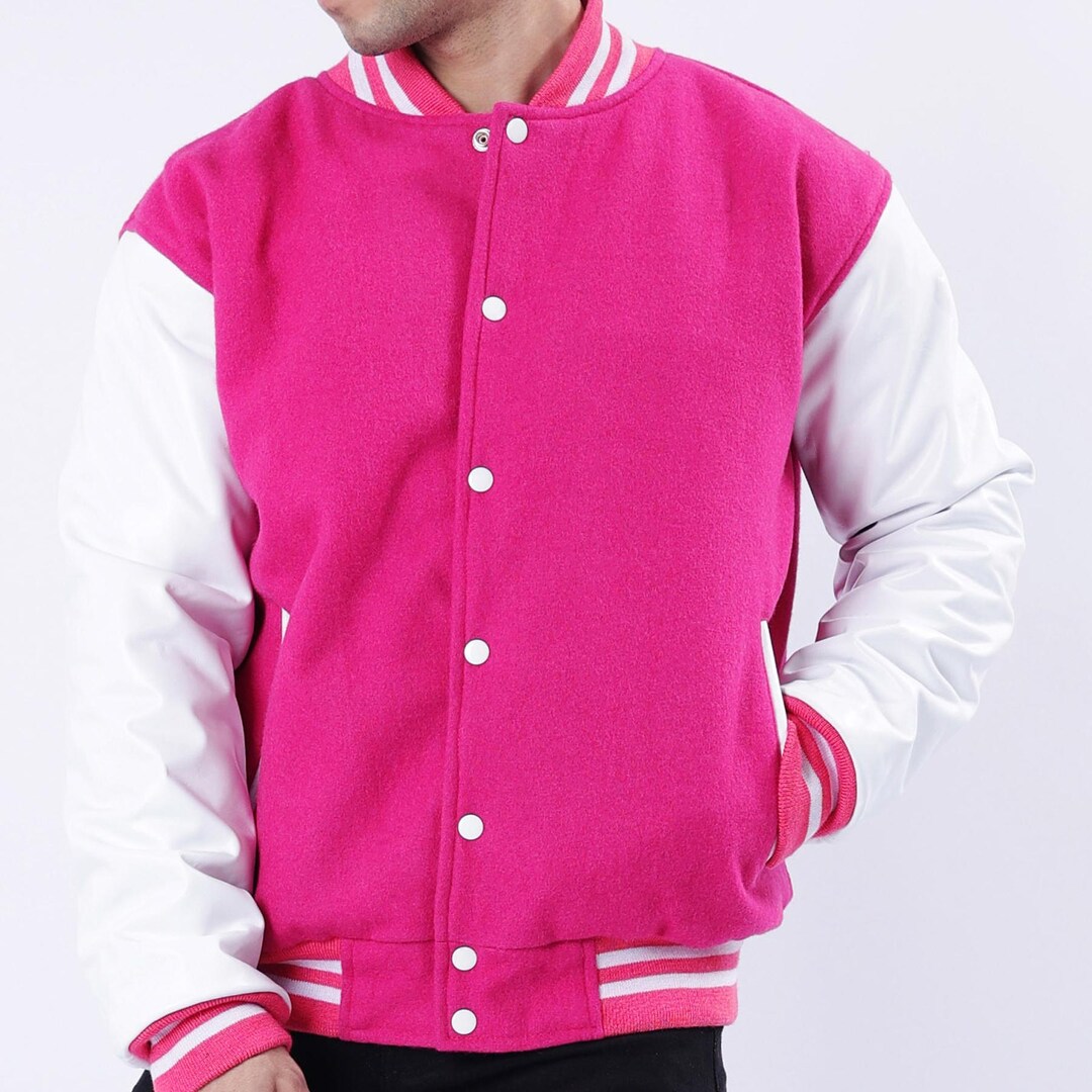 Pink Men's Baseball Letterman Jacket Wool Body Leather Sleeves - Etsy