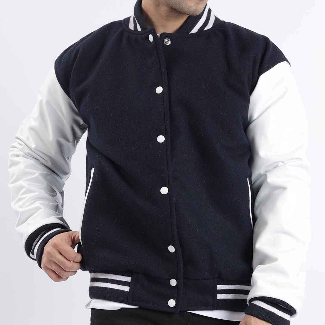 Dark Blue and White Letterman Jacket Wool Body and Leather Sleeves With ...