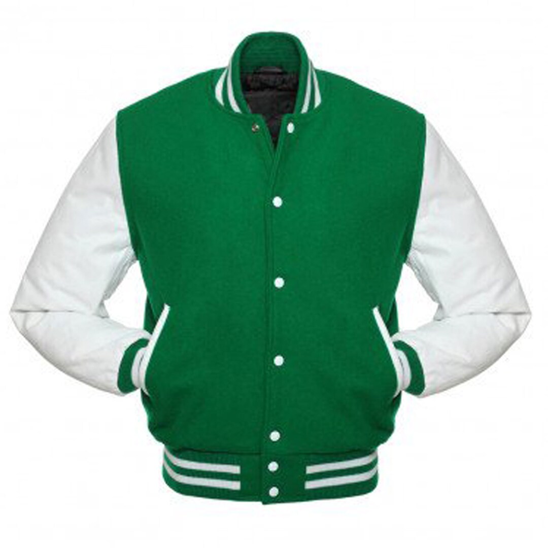 Handmade Green Wool Letterman Jacket: White Leather Sleeves - Etsy