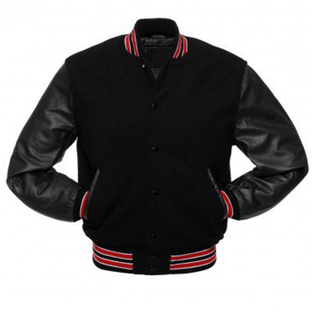 Black Varsity Jacket Men Plain Letterman Jacket Black Wool Body and ...