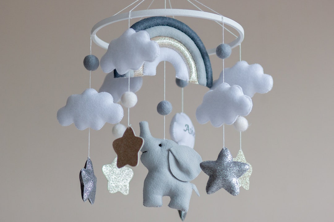 Felt Elephant Baby Mobile: Neutral Nursery Decor, Stars & Rainbow ...
