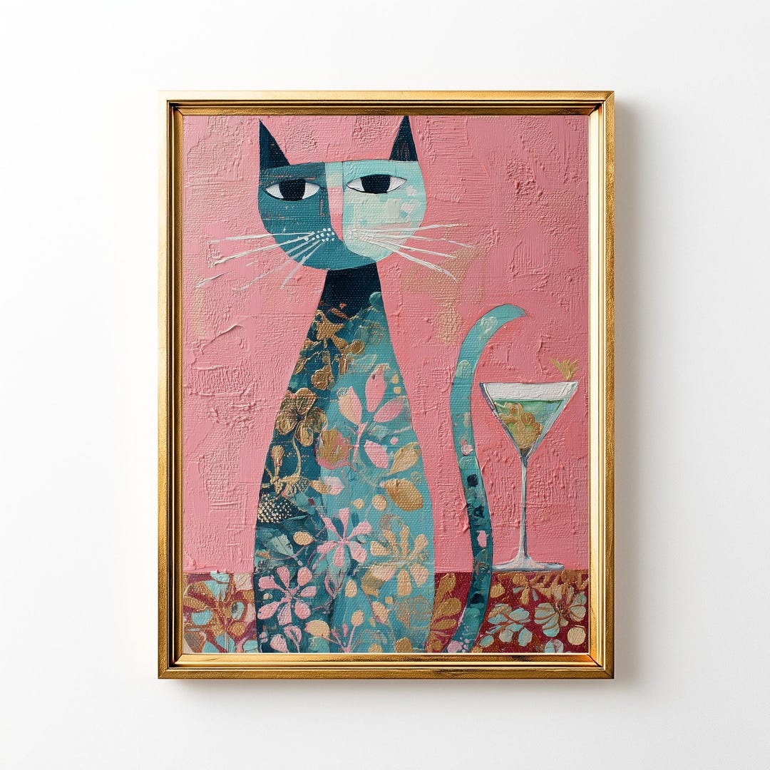 Whimsical Floral Cat Martini Art Print: Playful Bar Cart Decor (digital ...
