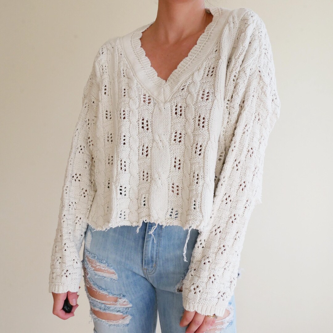 Cottagecore Knit Sweater Chunky Cable-knit Cotton White Custom Crop L ...