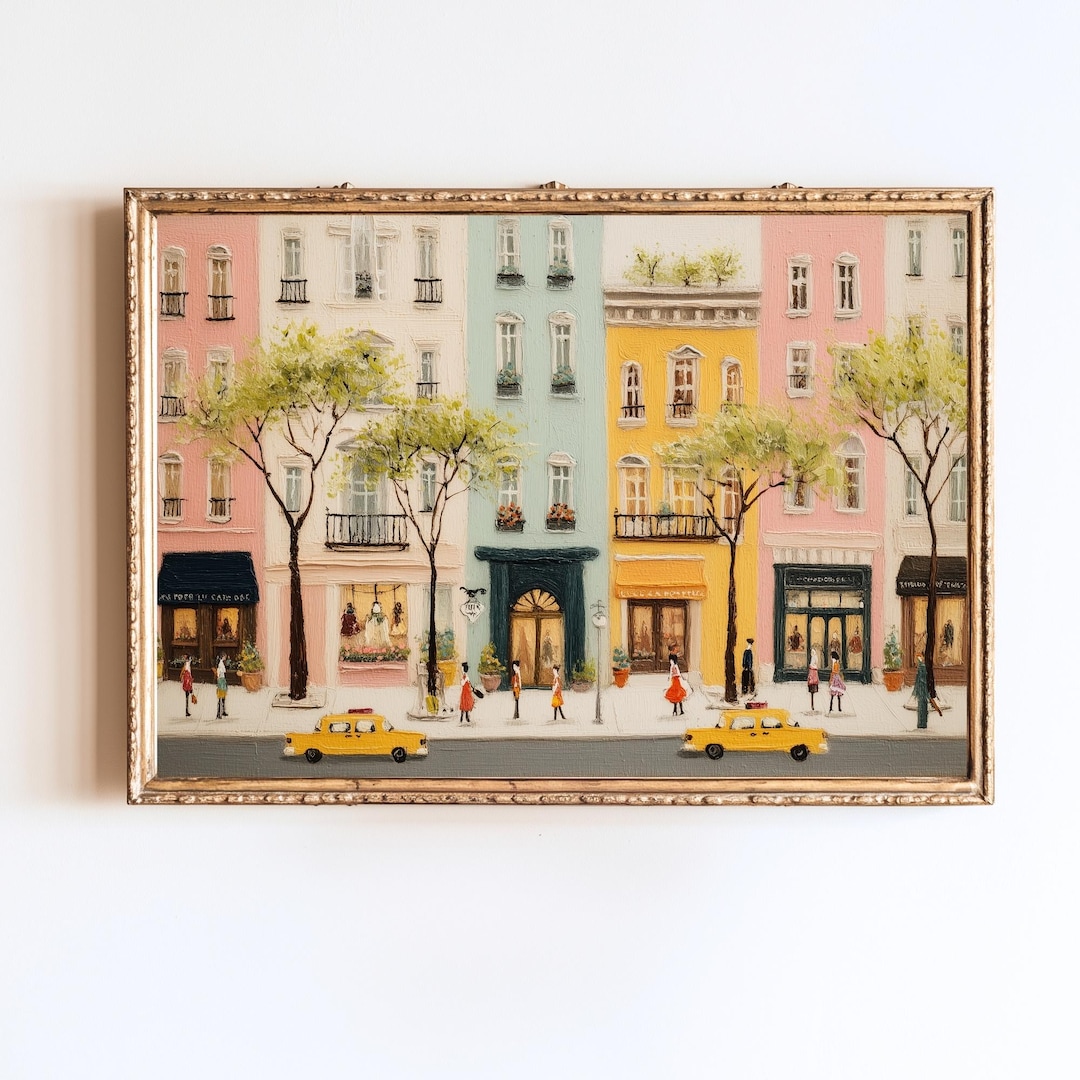 Pastel City Street Wall Art – Colorful European Town Illustration ...