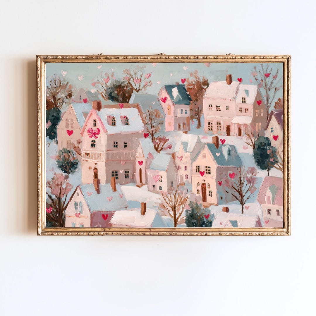 Valentines Day Wall Art Pink Heart Village Romantic Houses Printable ...