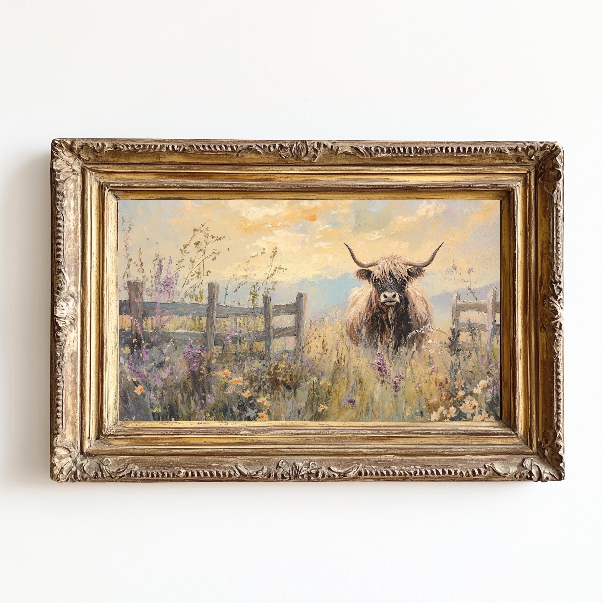 Highland Cow Print: Cottagecore Wildflower Field Painting (digital ...