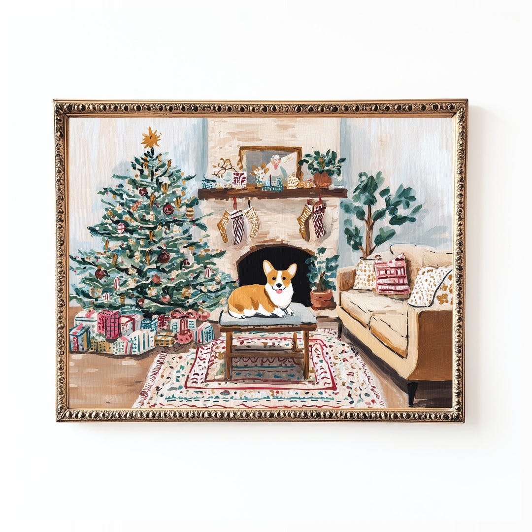 Christmas Corgi Art Print: Cozy Holiday Fireplace Scene (digital ...