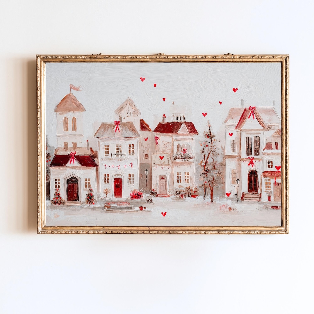 Valentines Day Wall Art Romantic Village Street Pink Hearts Printable ...