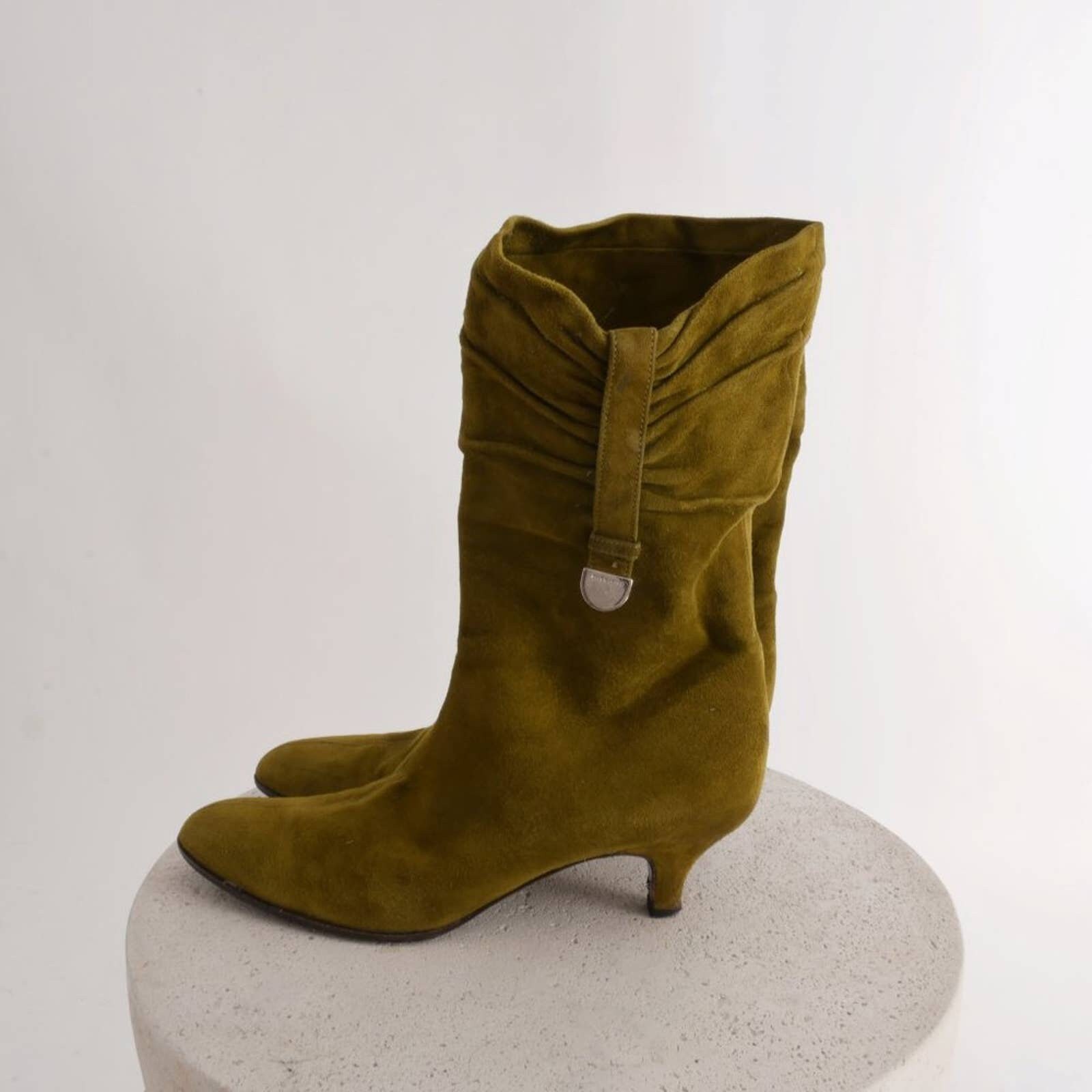 Sergio Rossi Moss Green Suede Boots Low Heel Ruched Made in Italy 8.5 ...