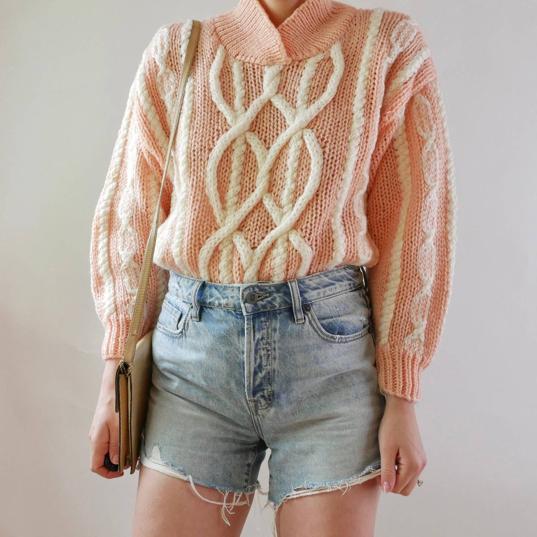 Cute Cottagecore Sweater 80s Vintage Pink & White Chunky Cableknit ...