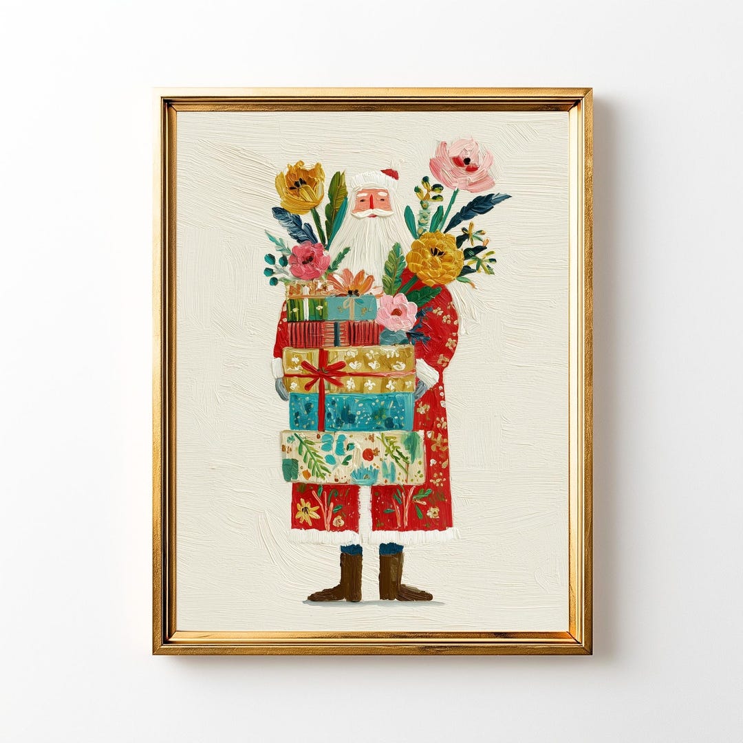Vintage Santa Floral Illustration Print | Retro Christmas Wall Art ...