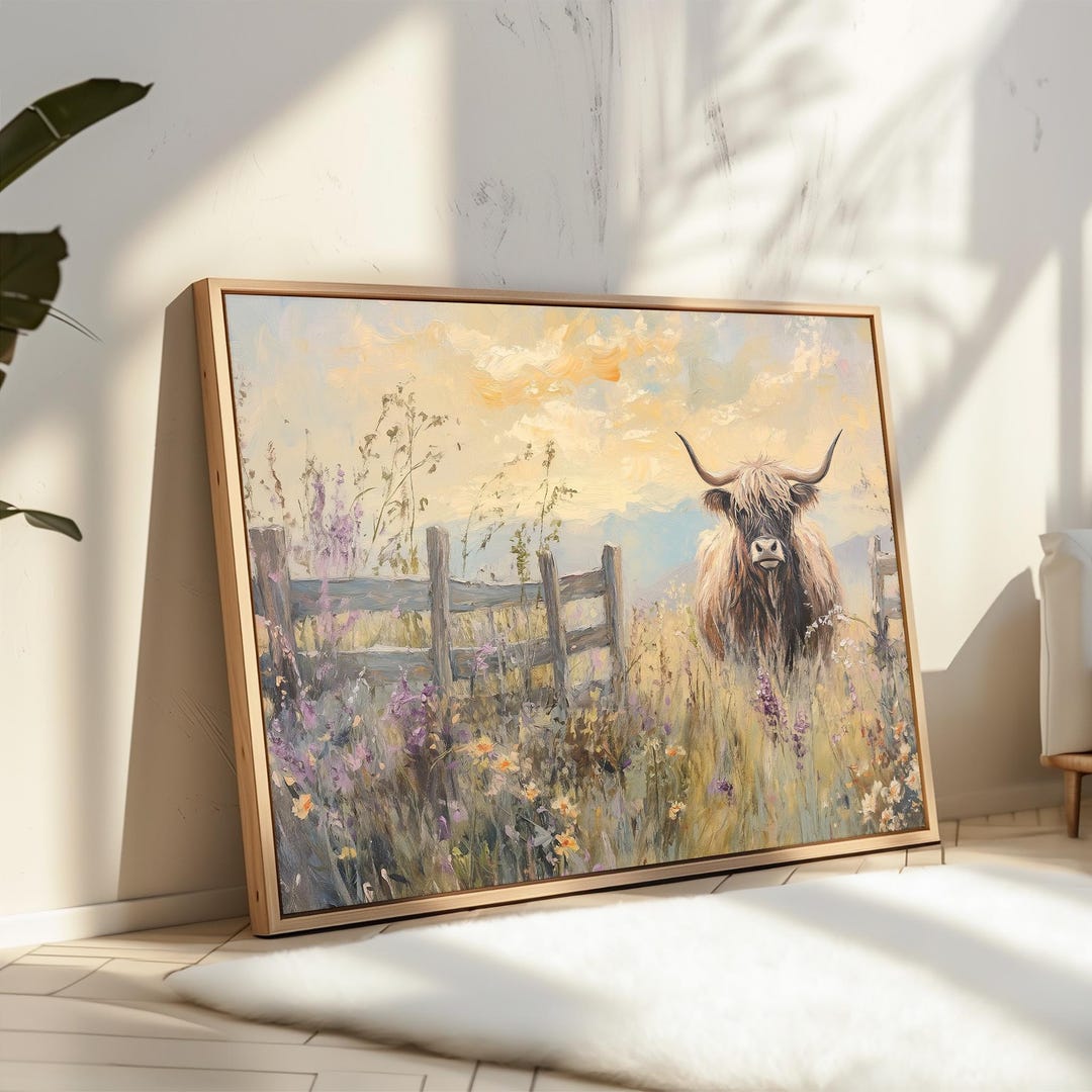 Highland Cow Print: Cottagecore Wildflower Field Painting (digital ...