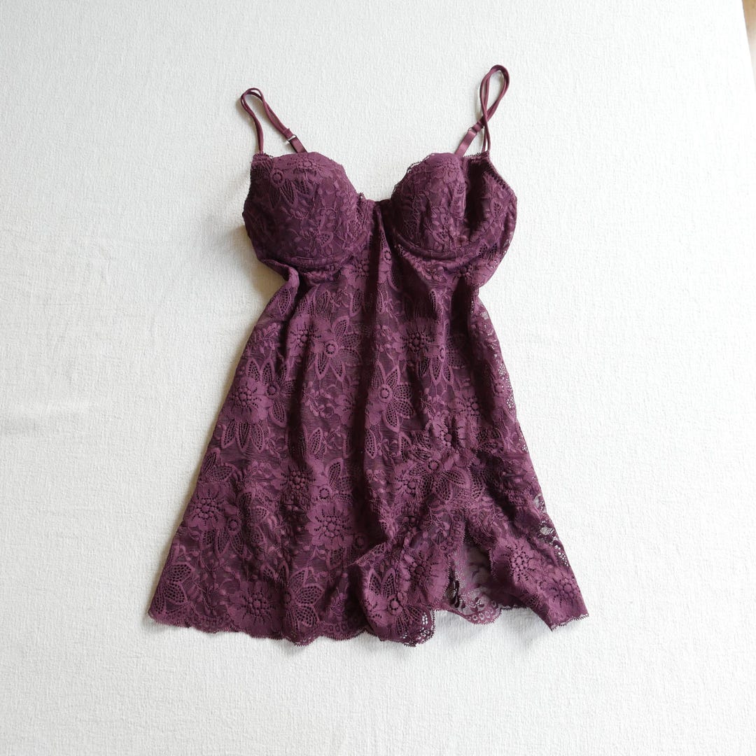 Y2k Slip Dress Lace Balconette Cups Side Slit Burgundy 2000s Victorias ...