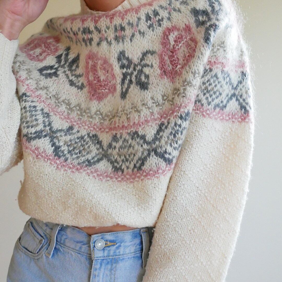 Cottagecore Handknit Sweater Wool Mohair 80s Vintage Cream and Pink ...