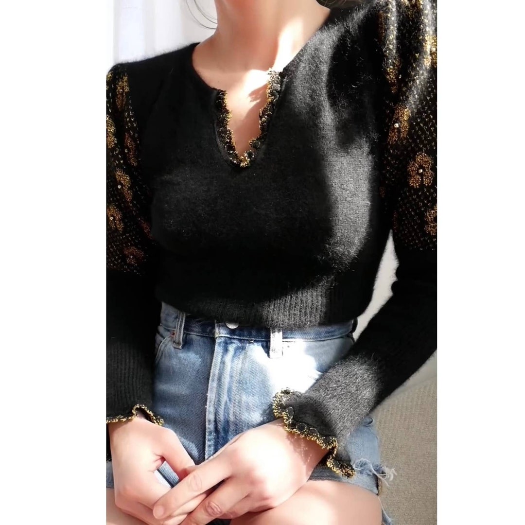 Angora Sweater Vintage Black Puff Sleeve Gold Metallic - Etsy