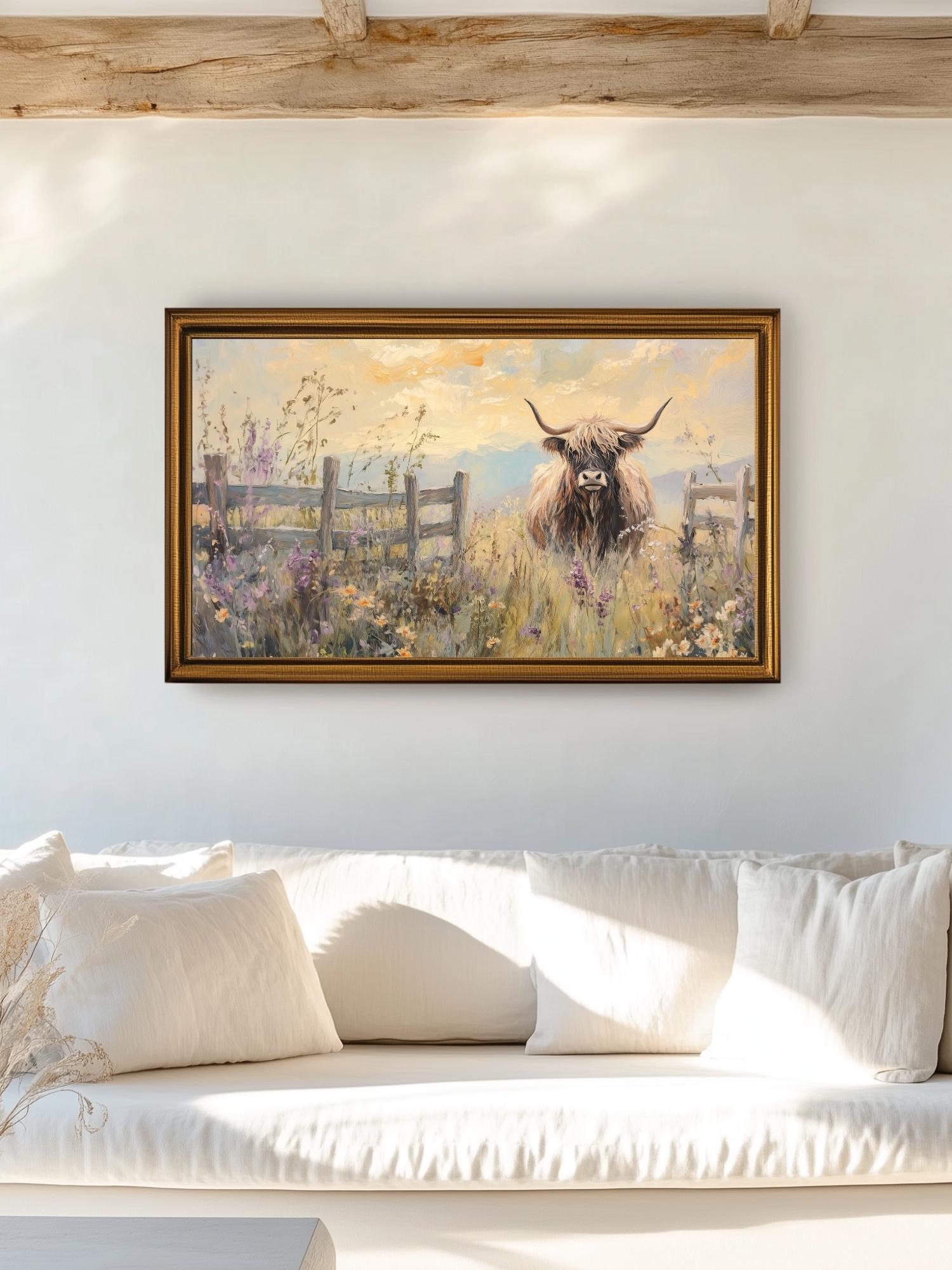 Highland Cow Print: Cottagecore Wildflower Field Painting (digital ...