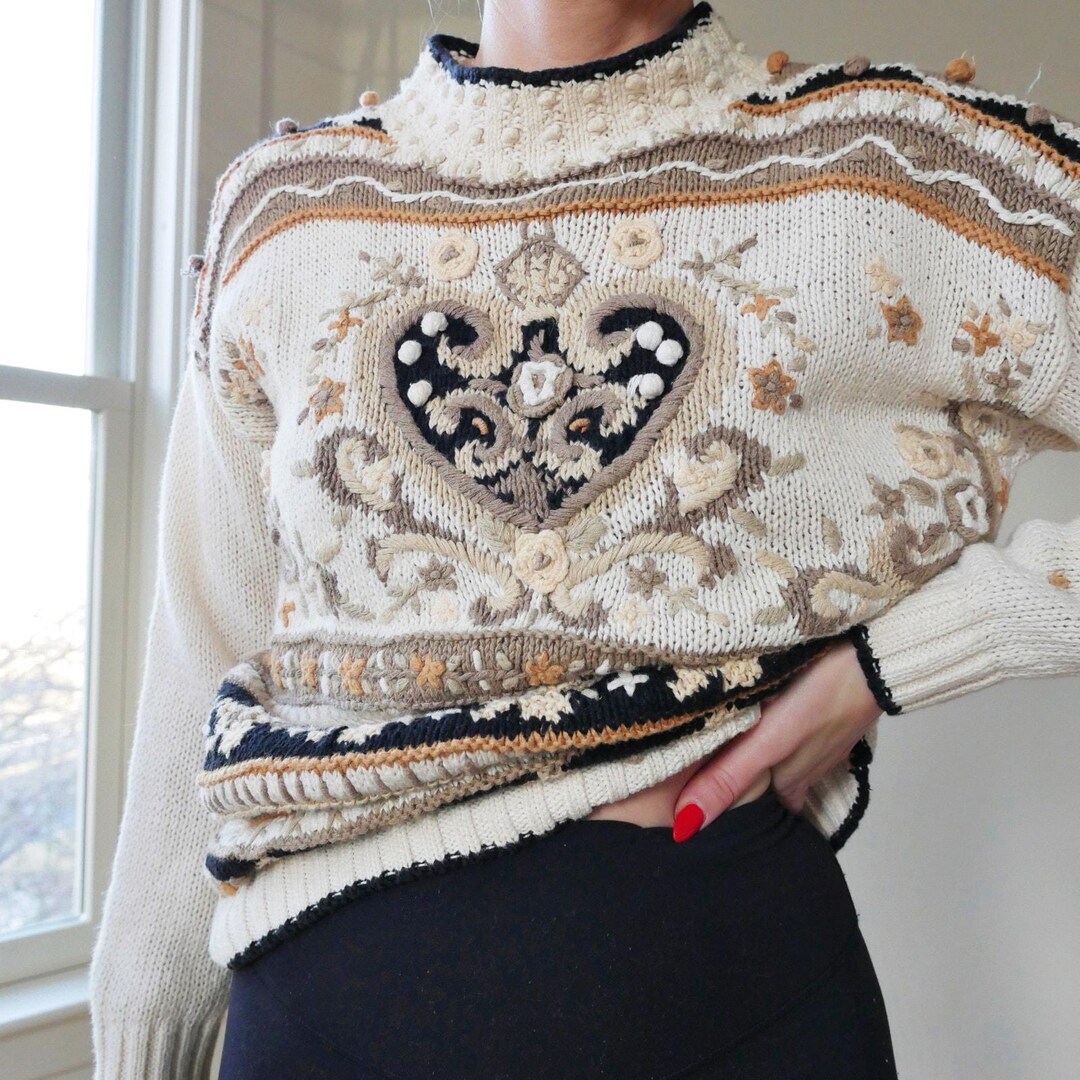 Cottagecore Handknit Sweater 80s Vintage Floral Embroidered M - Etsy
