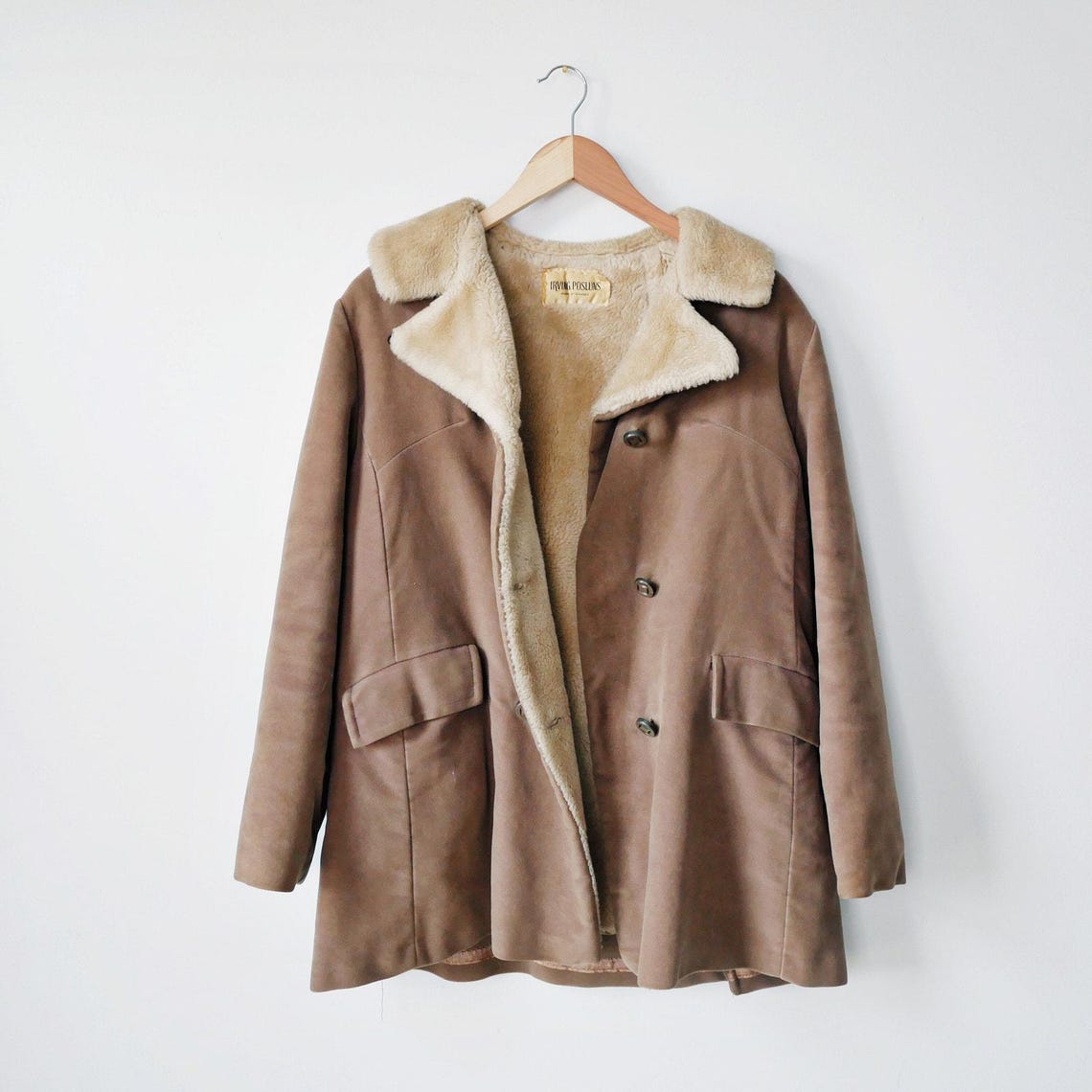 70s Shearling Jacket 1970s Vintage Sheepskin Borg Deep Pile Taupe Coat ...