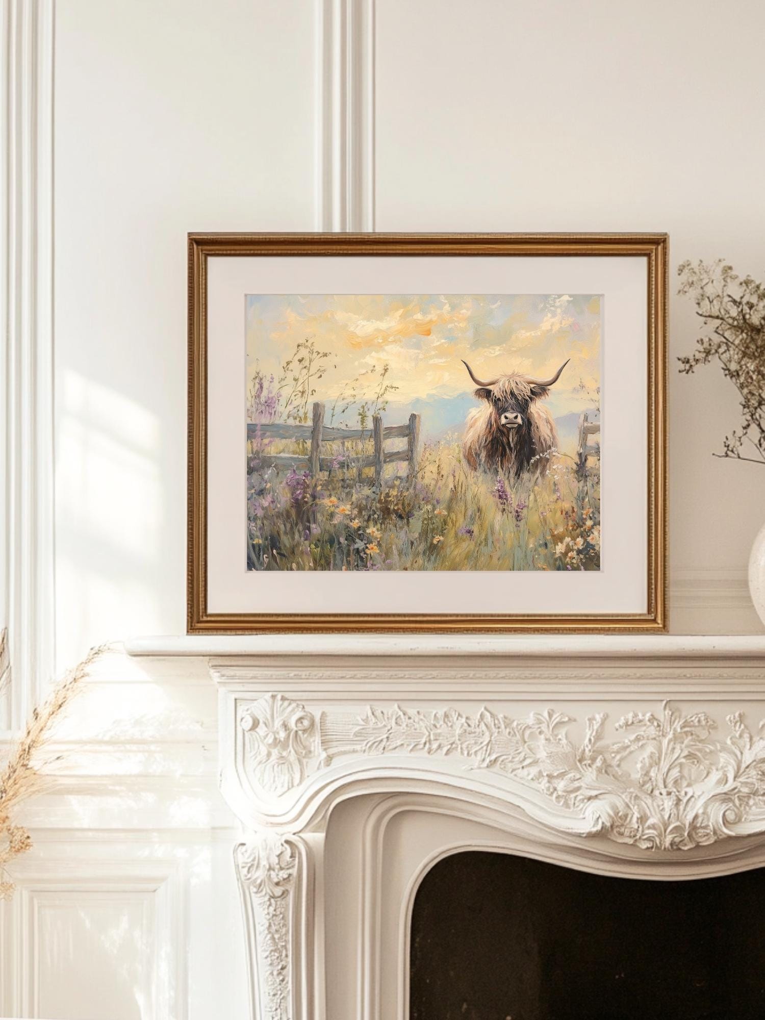 Highland Cow Print: Cottagecore Wildflower Field Painting (digital ...