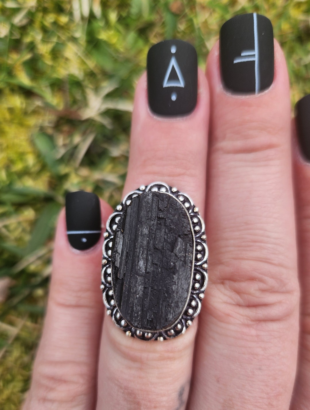 Chunky Black Tourmaline Rough Crystal Ring 925 Sterling Silver Band ...