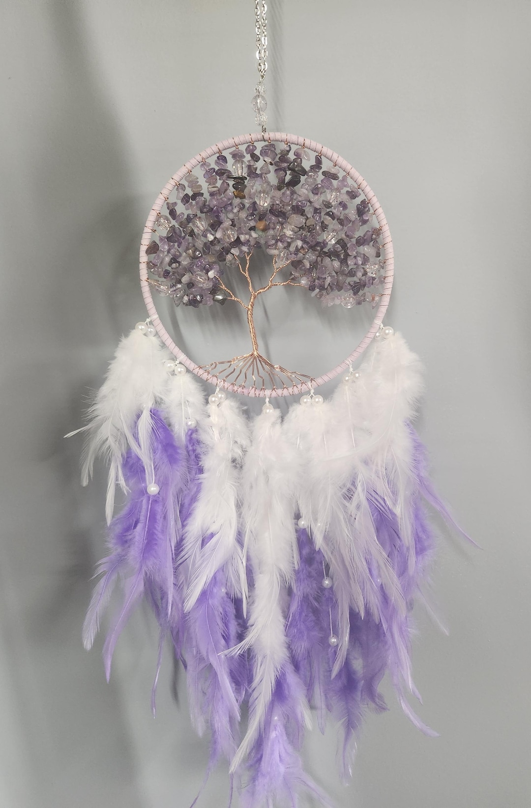 Purple & White Amethyst Crystal Chip Tree of Life Feather Dream Catcher ...