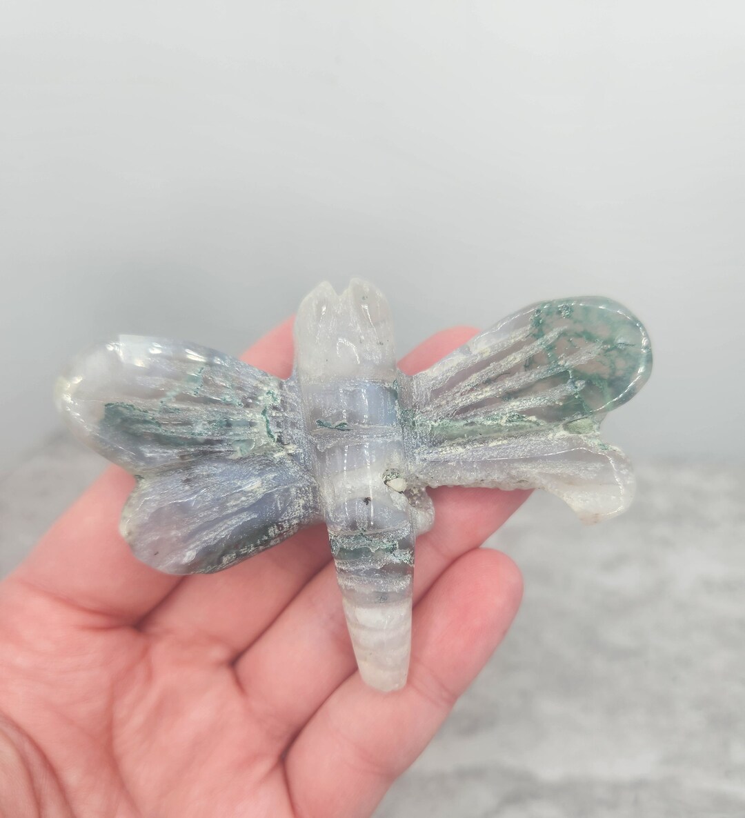 Moss Agate Dragonfly Insect Natural Crystal Carving With Druzy Wing ...