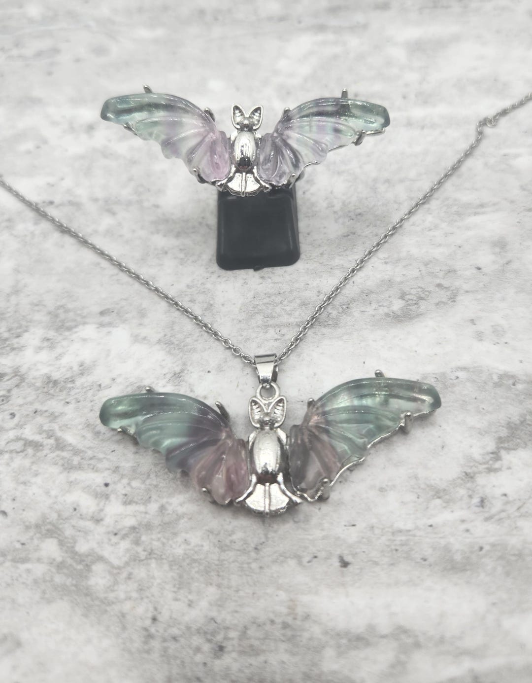 Beautiful Two Piece Rainbow Fluorite Bat Pendant Necklace & Adjustable ...