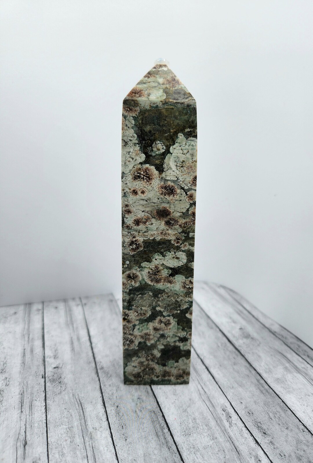 Green Cherry Blossom Jasper 4 Sided Obelisk Crystal Tower With Natural ...