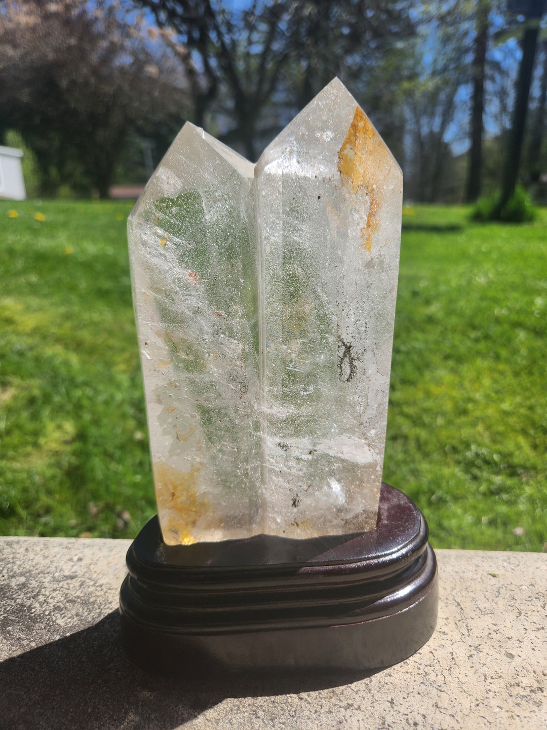 Large Beautiful Clear Quartz Double Point Display Tower - Wood Stand ...