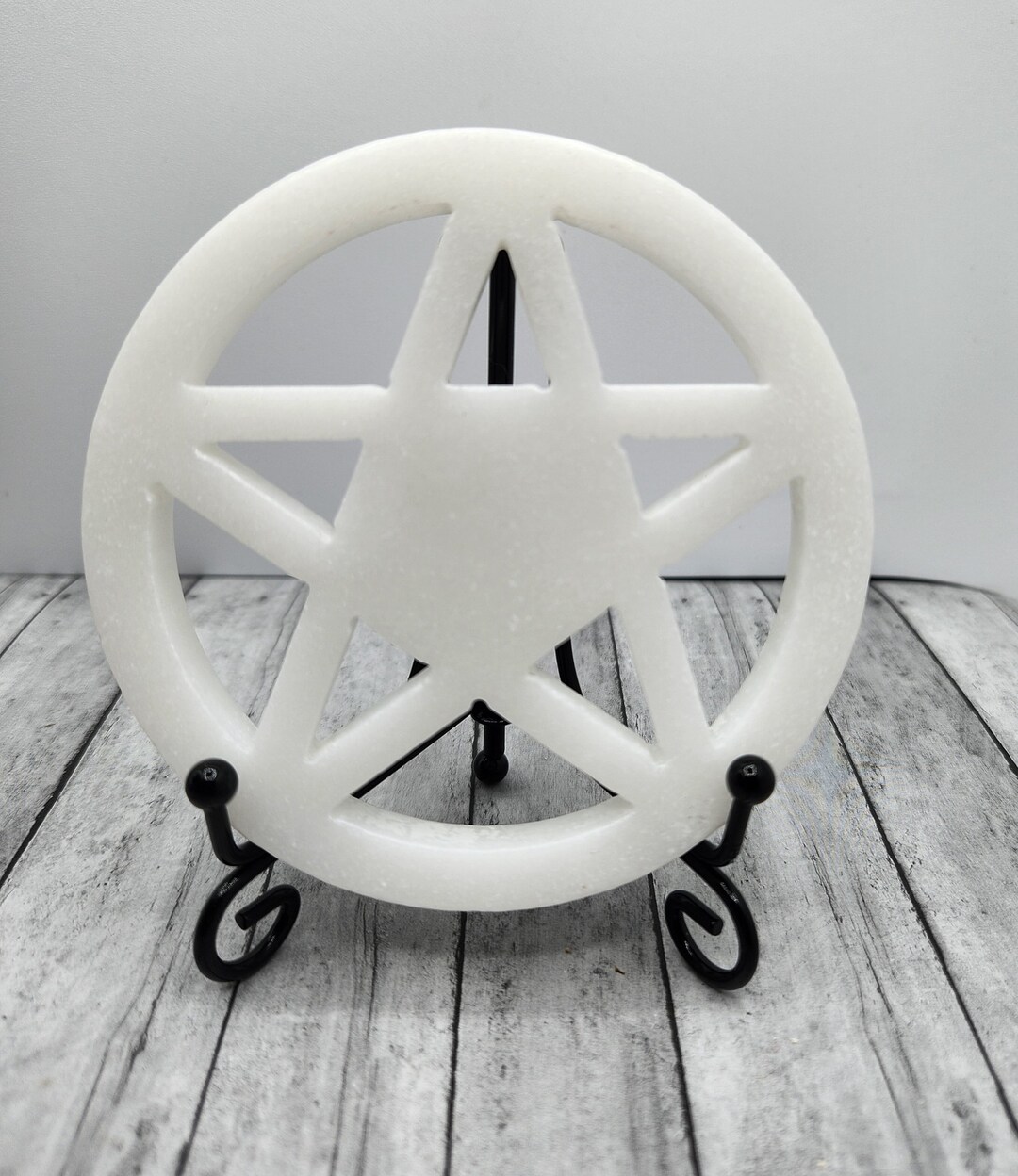 White Jade Wiccan Pentacle Natural Crystal Carving With Metal Stand ...