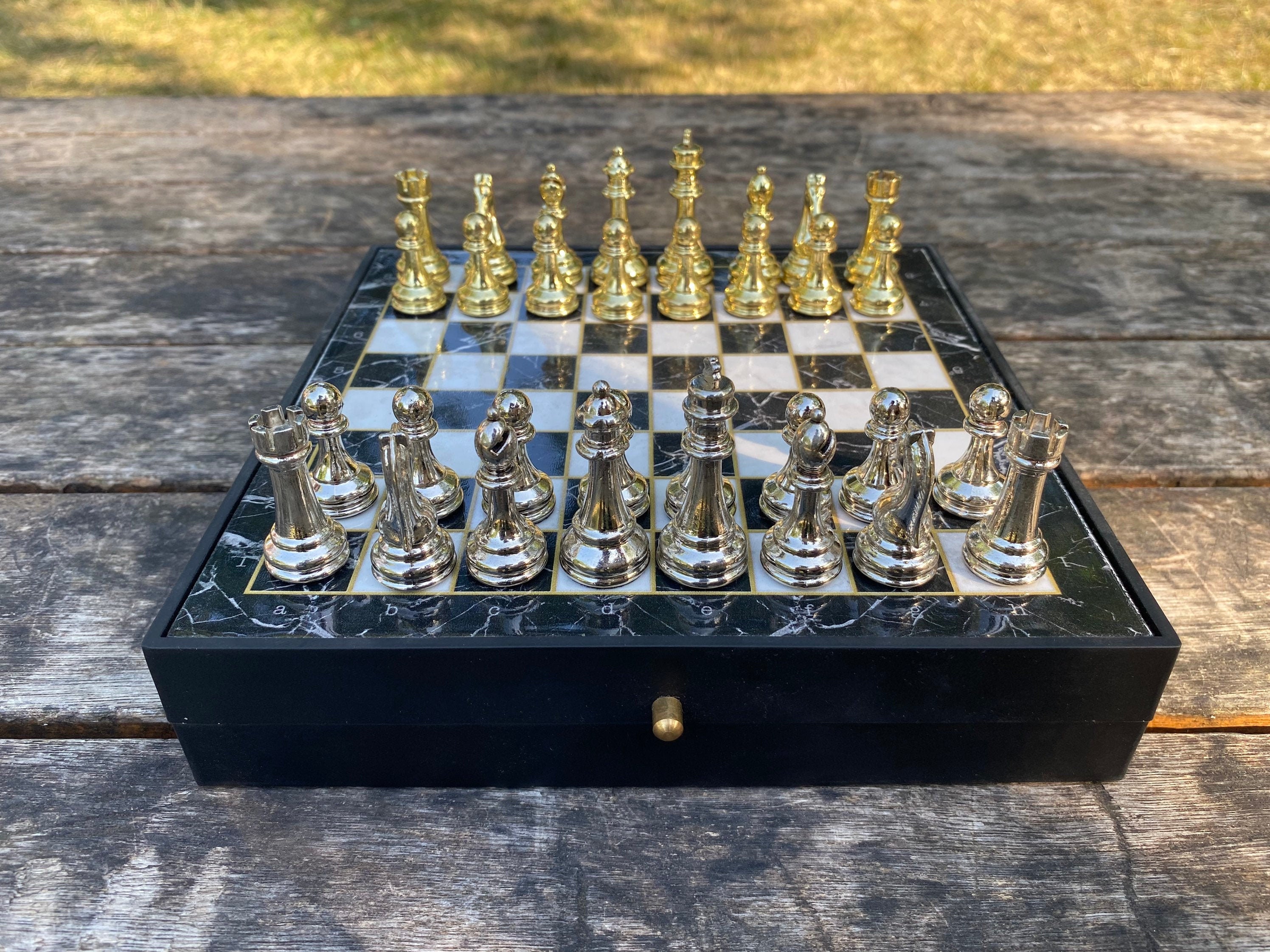 Mini Chess Set With Marble Patterned Wooden Box Metal Chess - Etsy