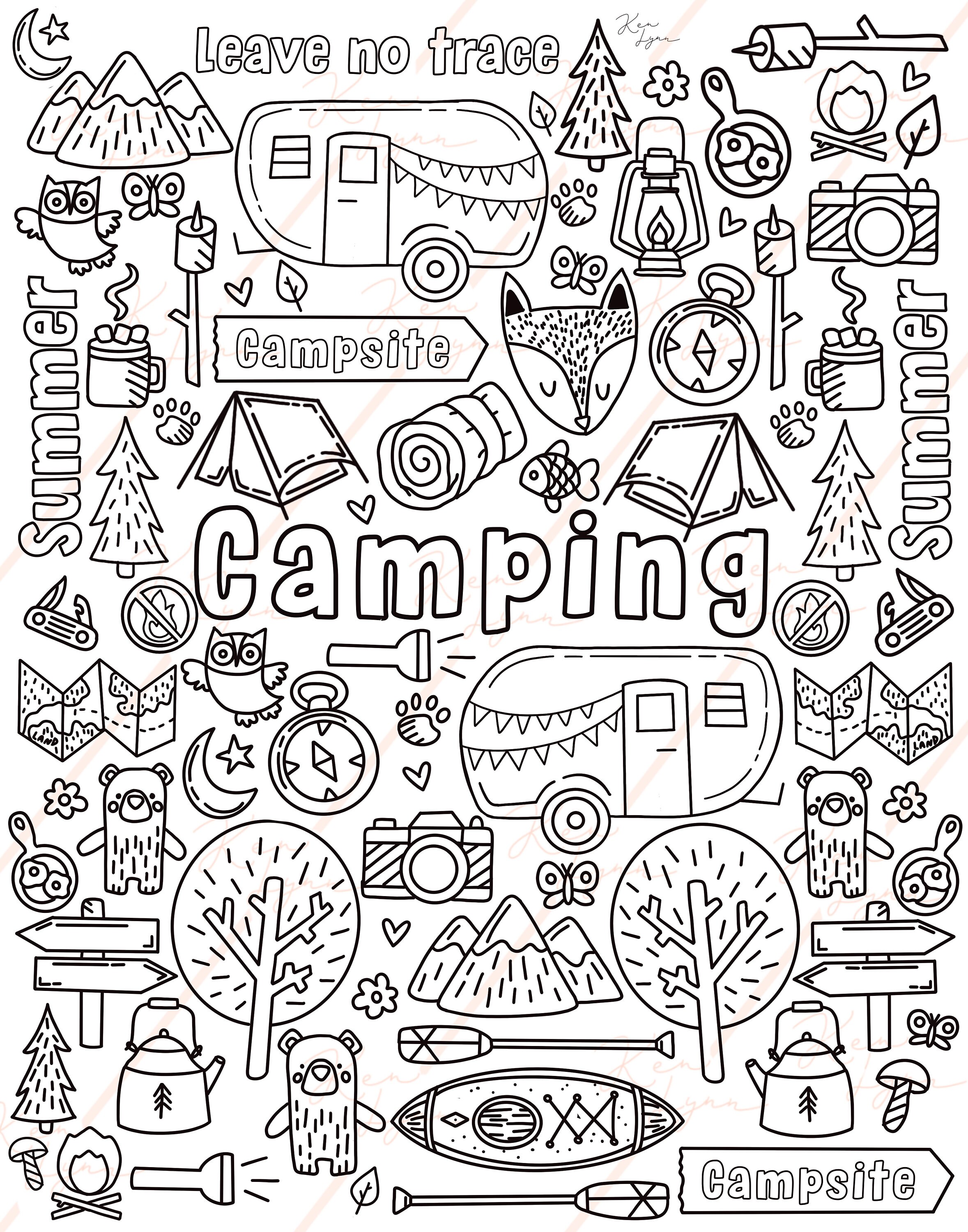 Camping themed coloring page DIGITAL DOWNLOAD | Etsy