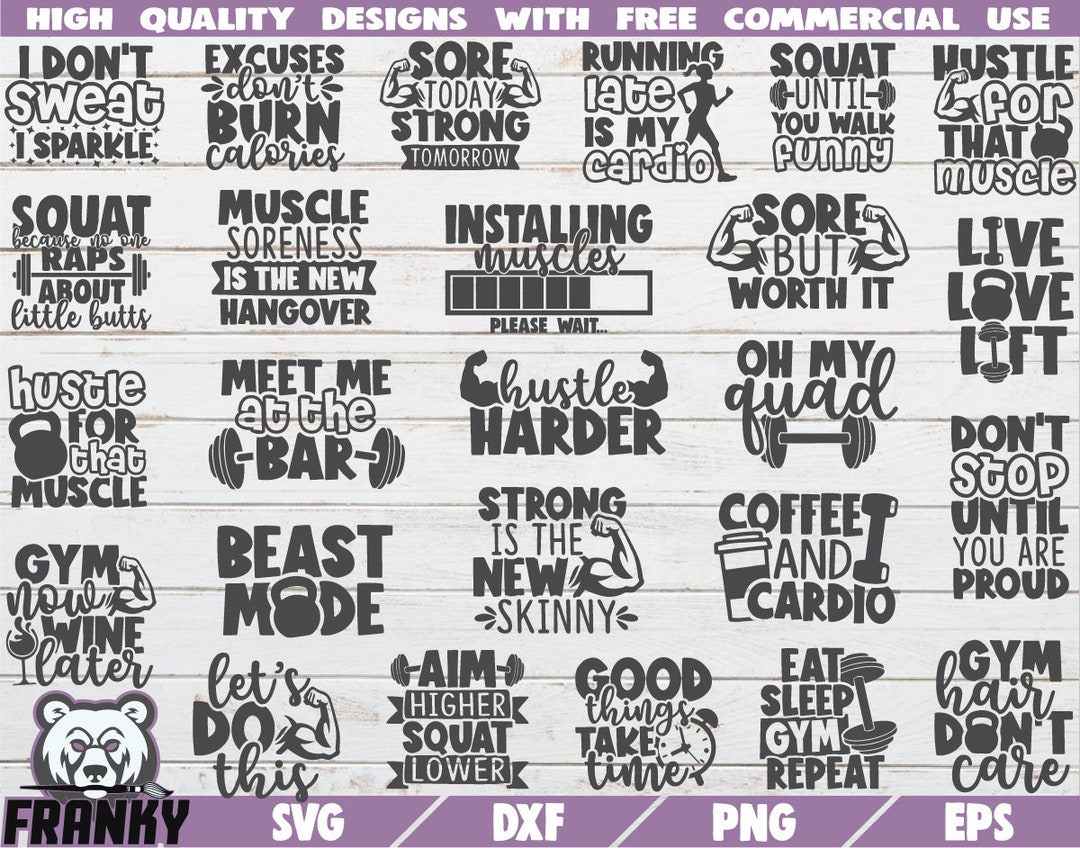 Workout Bundle SVG - 25 Designs - Cut Files - DXF Files - Gym Quotes ...