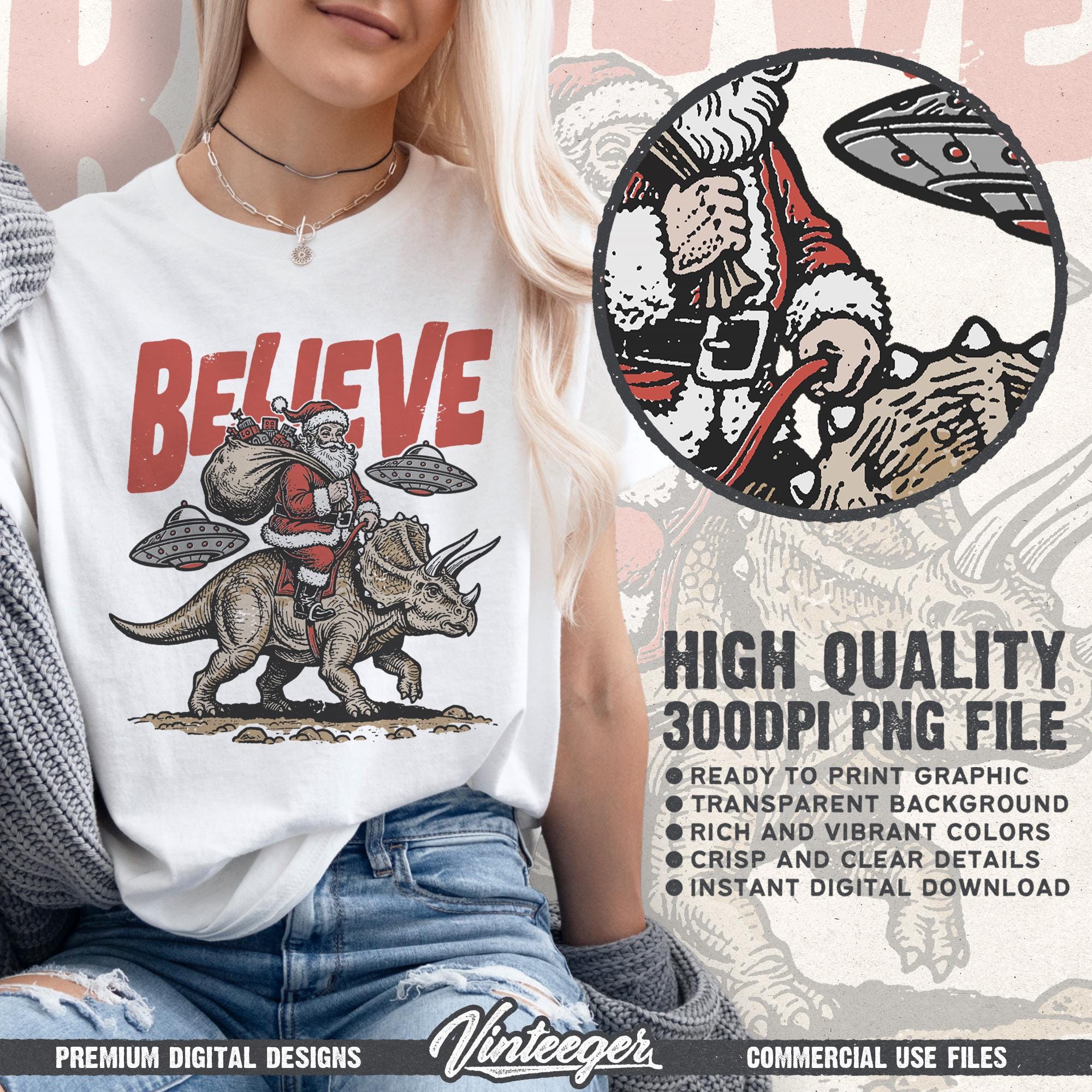 Funny Christmas Digital Graphic - Believe PNG - Retro Santa Claus Shirt ...