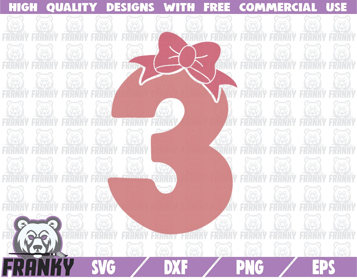 Three with bow SVG Cut file DXF file Number three SVG | Etsy