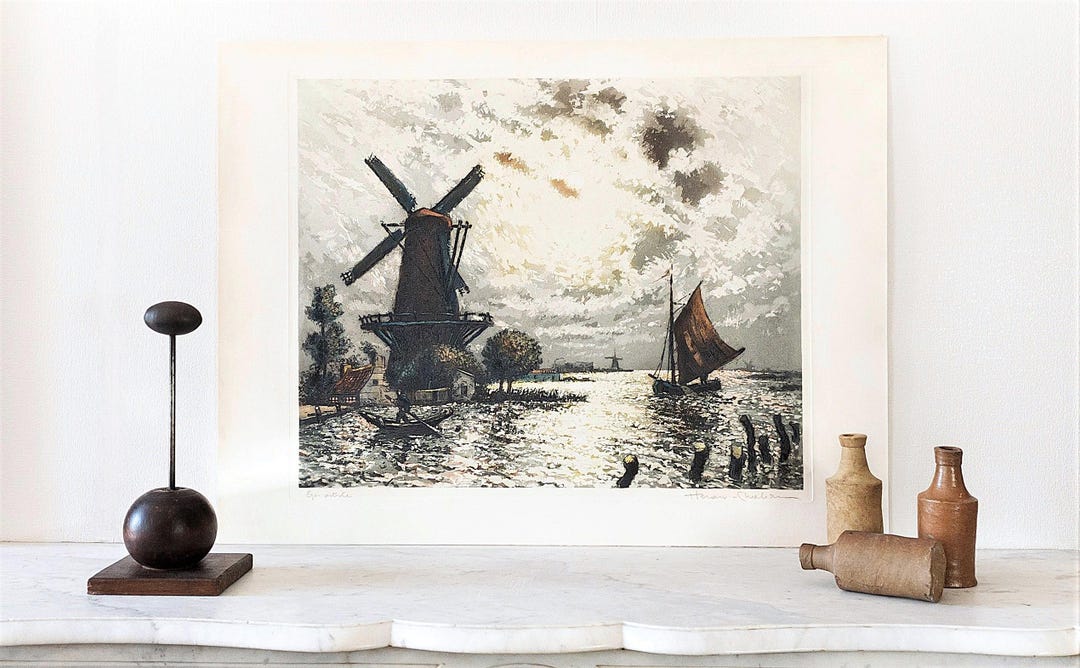 Dutch Windmill and Sailboat Seascape Etching by Chabanian - Etsy