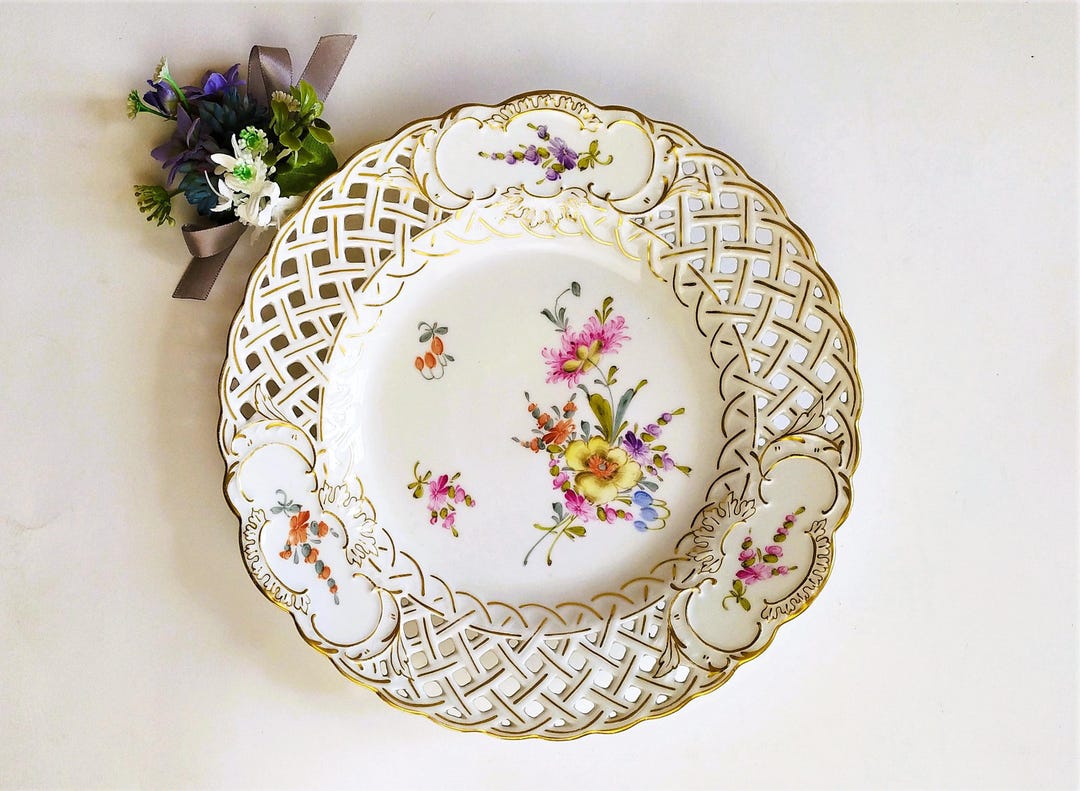 Antique Saxe Porcelain Plate, Hand-painted Floral Gold Trim, Hermann ...