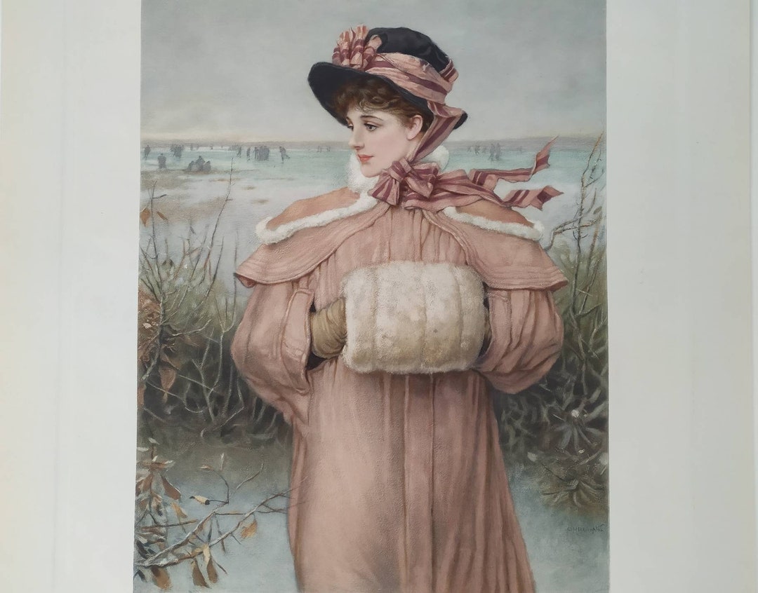 Winter Scene Female Portrait Antique Print Christmas Wall Decor - Etsy